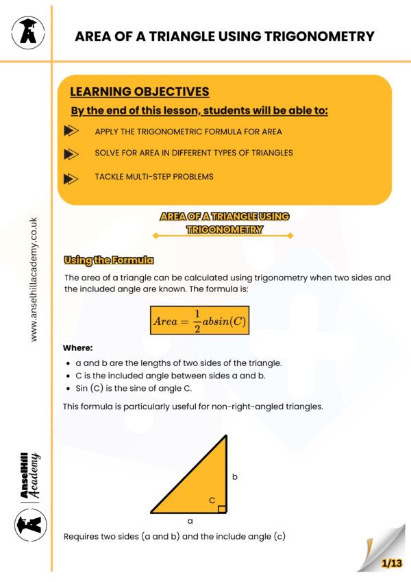 Area of a Triangle Using Trigonometry – Anselhill Academy Resources