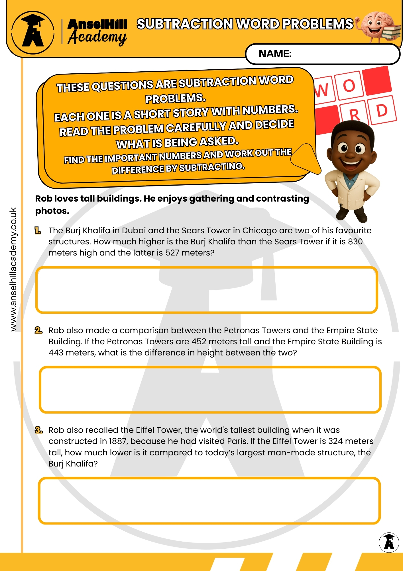 Subtraction Word Problems: World Landmarks Edition – Anselhill Academy ...